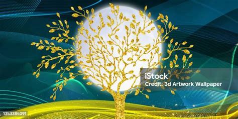 진한 파란색 배경3d 벽화 벽지 황금 나무 그리고 흰 달 물결 모양의 선은 현대적인 배경에서 모양 3차원 형태에 대한 스톡 사진