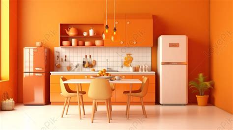 3d 렌더링된 냉장고와 식탁을 갖춘 생동감 넘치는 오렌지색 주방 식탁 배경 고급 주방 배경 주방 인테리어 배경 이미지 Hd 식탁 고급 주방 주방 인테리어 배경