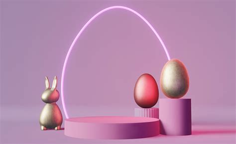 부활절 토끼 달걀 연단 무대 보라색 네온 조명 빛 3d 애니메이션 현대 창조적 인 최소 장면 화장품 메이크업 화장품에 대한 스톡 사진 및 기타 이미지 Istock