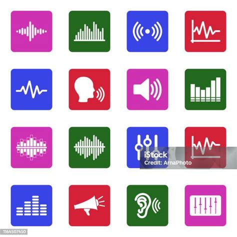 사운드 및 볼륨 아이콘 정사각형의 흰색 플랫 디자인 벡터 일러스트레이션 건강관리와 의술에 대한 스톡 벡터 아트 및 기타 이미지 건강관리와 의술 귀 부분 녹음 장비