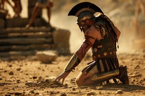 Gladiator Kneeling Touching The Earth Before A Battle Stock Image