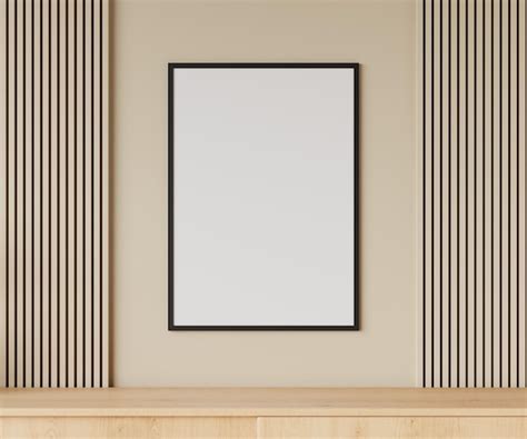나무 벽 패널 3d 렌더링 3d 그림을 사용하여 현대적인 거실 인테리어 디자인 배경에서 포스터 프레임을 조롱합니다 프리미엄 사진