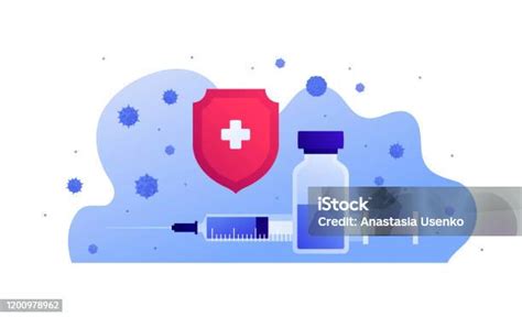 예방 접종 의학 개념 벡터 플랫 일러스트레이션입니다 주사기와 백신 바이러스 기호 십자가와 빨간 방패와 병 배너 포스터 배경 웹 의료 인포그래픽을 위한 디자인 요소 백신접종에