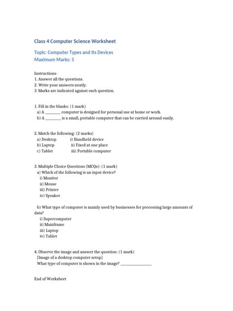 Computer Types Class4 Worksheet Pdf