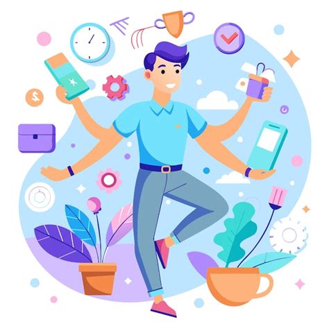 A Man Does Several Things At The Same Time Vector Illustration