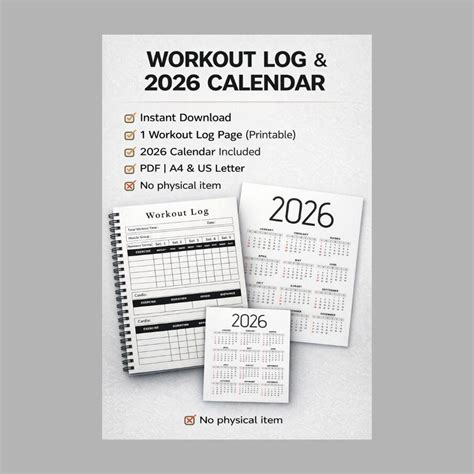 Workout Log Printable 2026 Calendar Fitness Tracker Pdf Gym