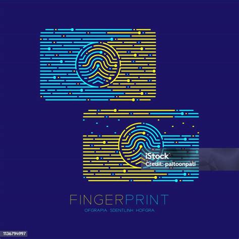 신용 카드 모양 지문 스캔 패턴 로고 대시 라인 디지털 암호 화폐 개념 편집 가능한 스트로크 그림 노란색과 파란색 지문 텍스트와 어두운 파란색 배경에 고립 벡터 금융에 대한