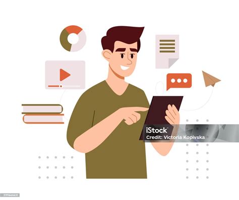 태블릿을 들고 새로운 프로젝트를 진행하고 있거나 연구를 하거나 온라인 학생을 하고 있는 남자 온라인 교육 훈련 또는 과정 플랫 스타일의 현대 벡터 일러스트 레이 션 거리가