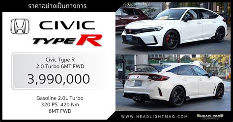 ราคาอย่างเป็นทางการ Honda Civic Type R Fl5 3990000 บาท เบนซิน 2