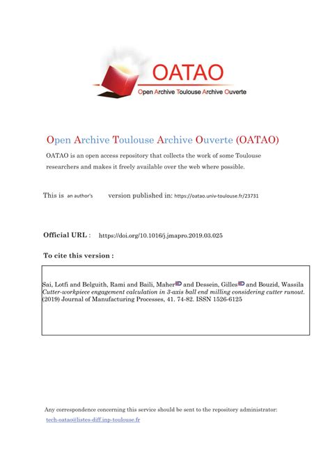 Pdf Cutter Workpiece Engagement Calculation In 3 Axis Ball End Milling Considering Cutter Runout