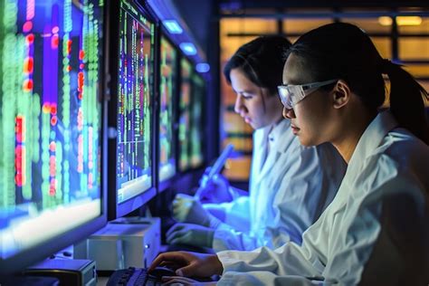 Premium Photo Bioinformatics Scientists Analyze Genomic Data On Computers Deciphering Genetic
