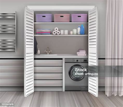 세탁기와 수납 공간이 있는 사실적인 벡터 세탁실 내부의 라이트 3d 일러스트 벡터에 대한 스톡 벡터 아트 및 기타 이미지 벡터 주방용 기기 집 Istock