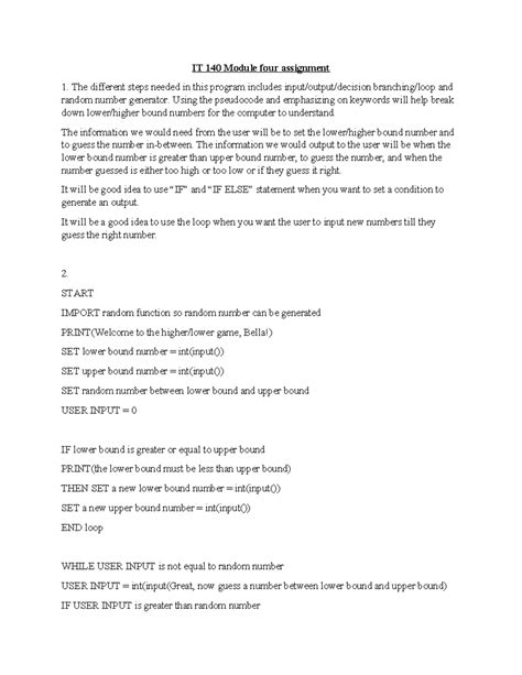It 140 Module 4 Assignment Number Guessing Game Logic And Pseudocode Studocu