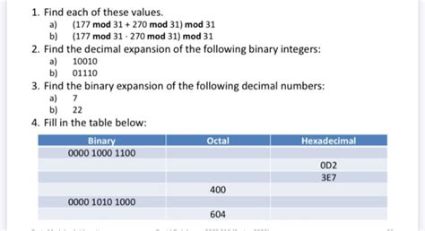 solved 1 find each of these values a 177 mod 31 270