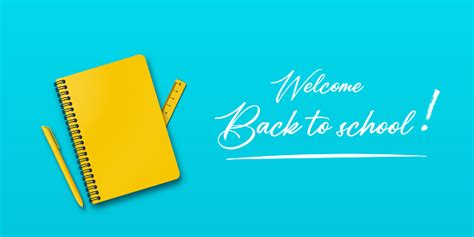 학교로 돌아 가기 학생들을위한 휴일 청록색 또는 연한 파란색 배경에 노트북과 펜이있는 배너 개념 작은 필기 텍스트가 학교로