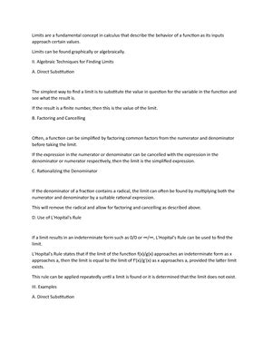 Definition Of Limits Definition Of Limits Limits Are A Fundamental Concept In Calculus And