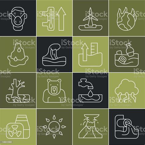 세트 라인 폐수 폭풍 바다 오염 문제 풍력 터빈 쓰나미 빙하 녹기 얼굴 보호 마스크 및 상승 레벨 아이콘 벡터 건강 진단에 대한 스톡 벡터 아트 및 기타 이미지 Istock