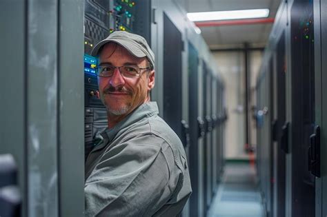 smiling technician with glasses standing in data center aisle