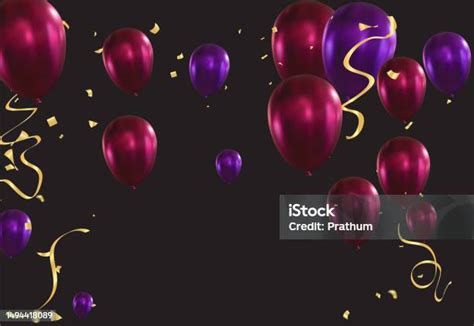검은색 배경에 리본과 색종이 조각이 있는 보라색 풍선의 벡터 그림 분홍에 대한 스톡 벡터 아트 및 기타 이미지 분홍 풍선