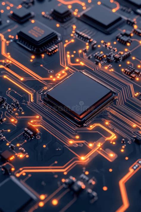 Detailed View Circuit Board Orange Traces Connect Different Chips Complex System Of Integrated