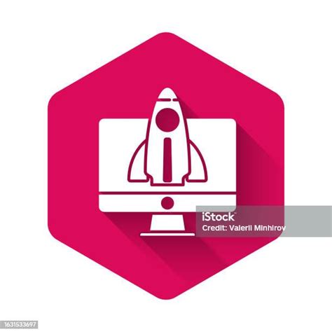 긴 그림자로 격리 된 화이트 비즈니스 시작 프로젝트 개념 아이콘 새로운 비즈니스 기업가 정신 혁신 및 기술의 상징 핑크 육각형