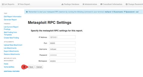 setting up metasploit rpc connection · serpicoproject serpico wiki · github