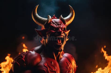 Furious Red Demon From Hell With Horns Screaming In Flames Horror Or