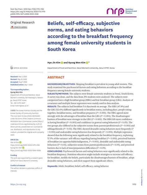 Pdf Beliefs Self Efficacy Subjective Norms And Eating Behaviors According To The Breakfast