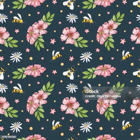 수채화 꽃무늬 중국 벚꽃 꿀벌 데이지가 있는 매끄러운 패턴 직물 패치워크 벽지 및 스크랩북을 위한 여름 디자인 벚꽃에 대한 스톡