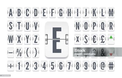 카운트다운 또는 증권 환율에 대한 흰색 항공사 플립 보드 알파벳 공항 터미널 기계 점수판 글꼴의 벡터 그림으로 항공편 출발 또는 재무 정보를 표시 합니다 공항에 대한 스톡