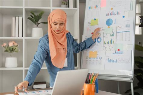 Muslim Woman In Hijab Presenting Financial Data And Analytics On