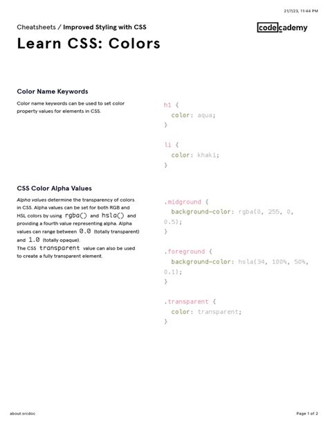 Improved Styling With Css Learn Css Colors Cheatsheet Codecademy