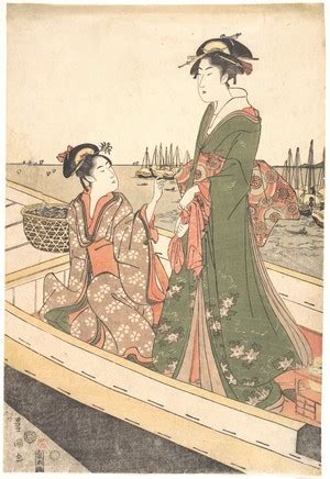 Two Women In A Boat One Holding A Basket Of Mussels
