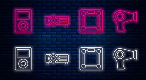 설정 라인 프리젠 테이션 영화 영화 미디어 프로젝터 욕실 저울 음악 플레이어 및 헤어 드라이어 벽돌 벽에 빛나는 네온 아이콘입니다 벡터 Mp3 플레이어에 대한 스톡 벡터