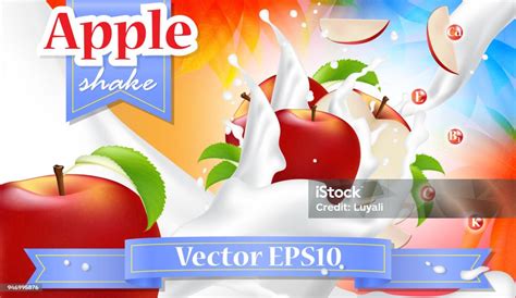 레드 애플 우유 현실적인 배너 벡터 광고에 대 한 프로 모션 포스터입니다 낙농 제품에 대 한 3 차원 개념 템플릿입니다 디자인에 대한 스톡 벡터 아트 및 기타 이미지