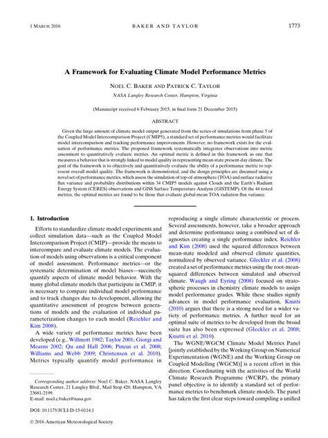 Pdf A Framework For Evaluating Climate Model Performance Metrics
