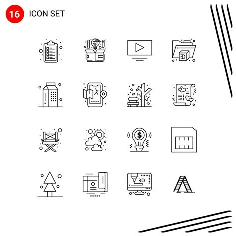 Set Of 16 Modern Ui Icons Symbols Signs For Milk Food Video Drinks Folder Editable Vector Design