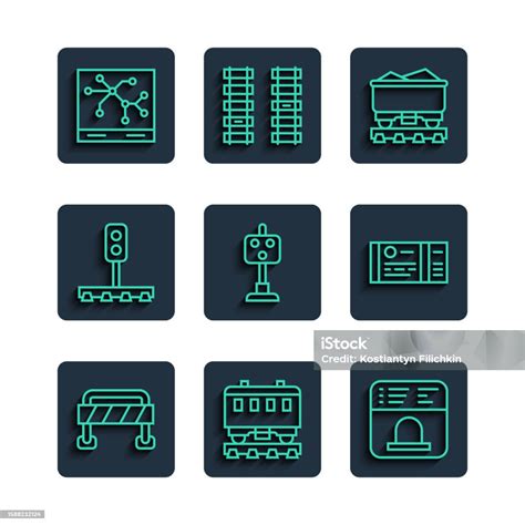 라인 도로 장벽 여객 열차 차량 티켓 구매 매표소 석탄 마차 기차 신호등 철도 지도 및 아이콘을 설정합니다 벡터 경계 표지에 대한 스톡 벡터 아트 및 기타 이미지 Istock