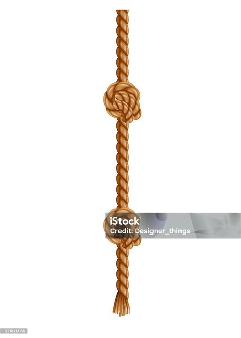 술과 마디가 있는 매달린 로프 니트 해상 스레드 또는 해양 수직 섬유 직물 술은 흰색 배경에 고립 된 로프에 매달려 있습니다 벡터 일러스트 레이 션 3차원 형태에 대한 스톡