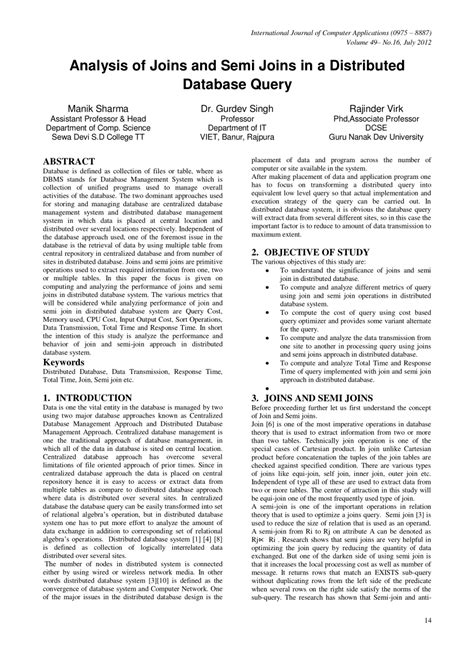 Pdf Analysis Of Joins And Semi Joins In A Distributed Database Queries