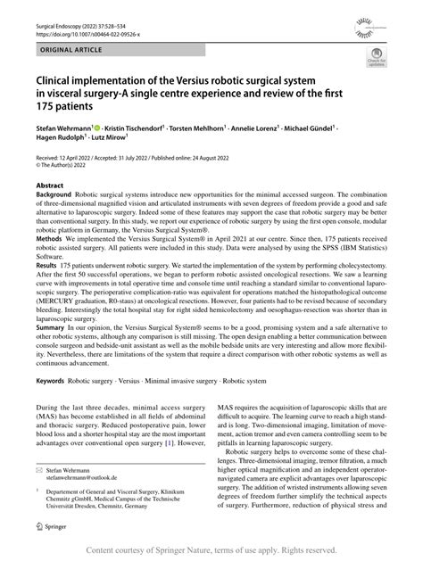 Pdf Clinical Implementation Of The Versius Robotic Surgical System In Visceral Surgery A