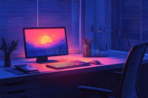 Sunset Desktop Setup With A Computer Keyboard And Mouse A Minimalist Workstation Design