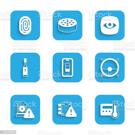 스마트폰 배터리 충전 집 보호 온도 조절기 로봇 청소기 울리는 알람 벨 전동 칫솔 보안 카메라 및 지문 아이콘을 설정합니다 벡터 Usb 케이블에 대한 스톡 벡터 아트 및