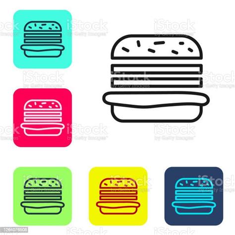 흰색 배경에 격리 된 블랙 라인 버거 아이콘 햄버거 아이콘 치즈버거 샌드위치 사인 패스트 푸드 메뉴 색상 정사각형 단추로