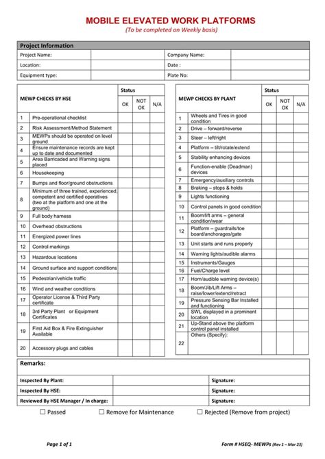 Mobile Elevated Work Platforms Checklist Form Hseq Mewp Rev 1 M Docx