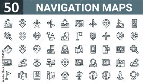 Set Of 50 Outline Web Navigation Maps Icons Such As Mobilephone Located Directions Directions