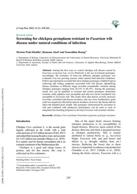 Pdf Screening For Chickpea Germplasm Resistant To Fusarium Wilt Disease Under Natural