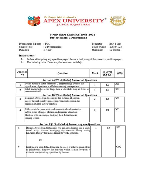 Bca I Sem C Programming Paper Ii Pdf Technology And Engineering