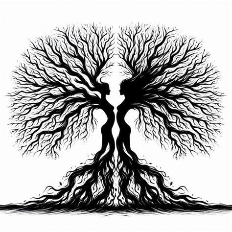 A Male And Female Tree Their Forms Intertwined Grow Side By Side Their Branches Mingling As