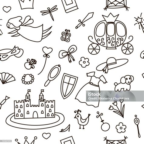 손으로 그린 브 링 엄 성 요정 마술 지팡이 왕관 모자 꽃 드레스 칼 방패 새 마스크 및 기타와 완벽 한 패턴입니다 낙서 스타일의 벡터 일러스트 레이 션 개에 대한 스톡